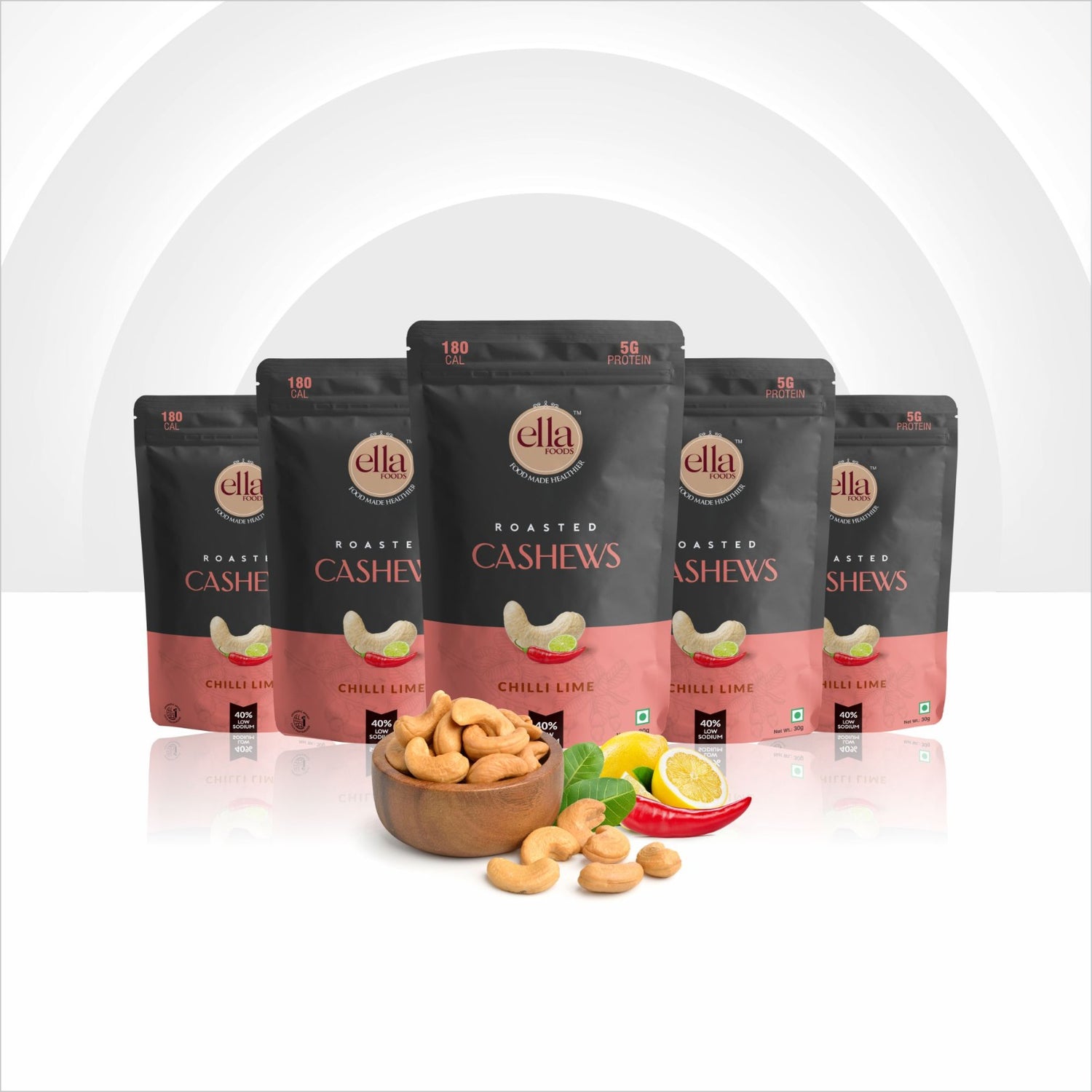 Ella Foods Chilli Lime Cashew | Mini Pack of 5 |30 gm each| Low Sodium – EllaFoods