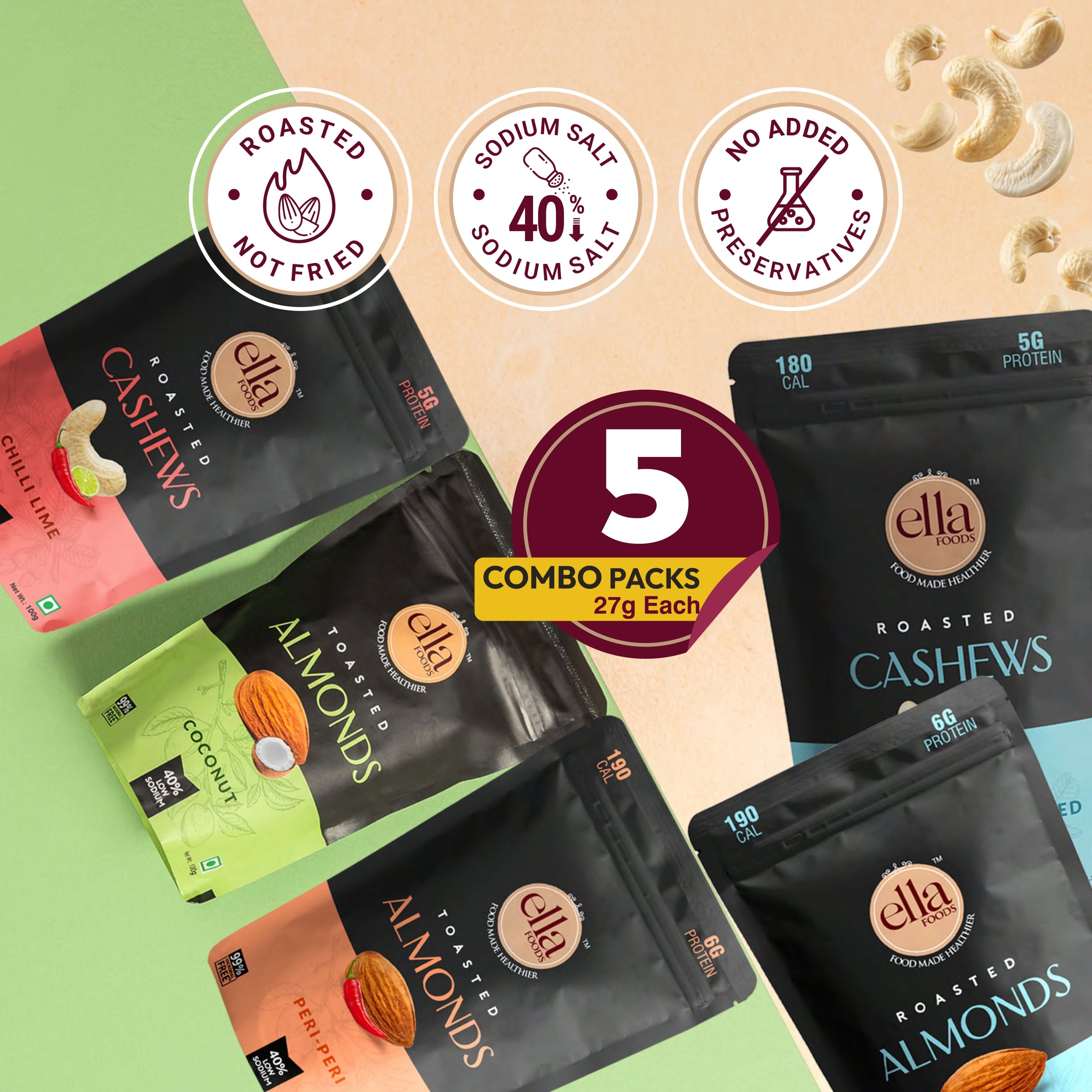 Ella Foods Healthy Nuts Combo (Pack of 5 x 100g) | Salted Almonds, Sal