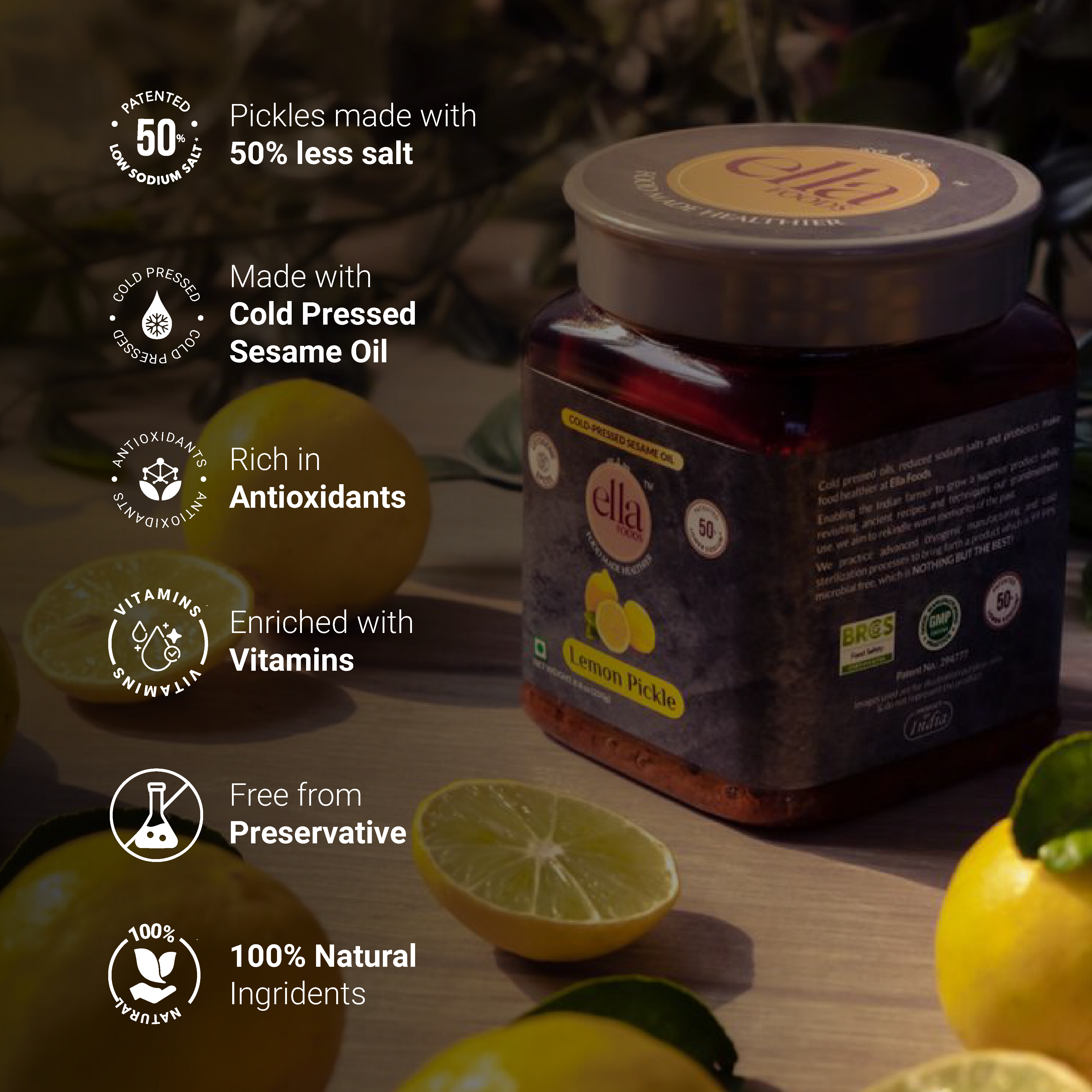 Ella Foods - Lemon Pickle 250 gm | Low Sodium | Cold pressed Sesame Oi ...