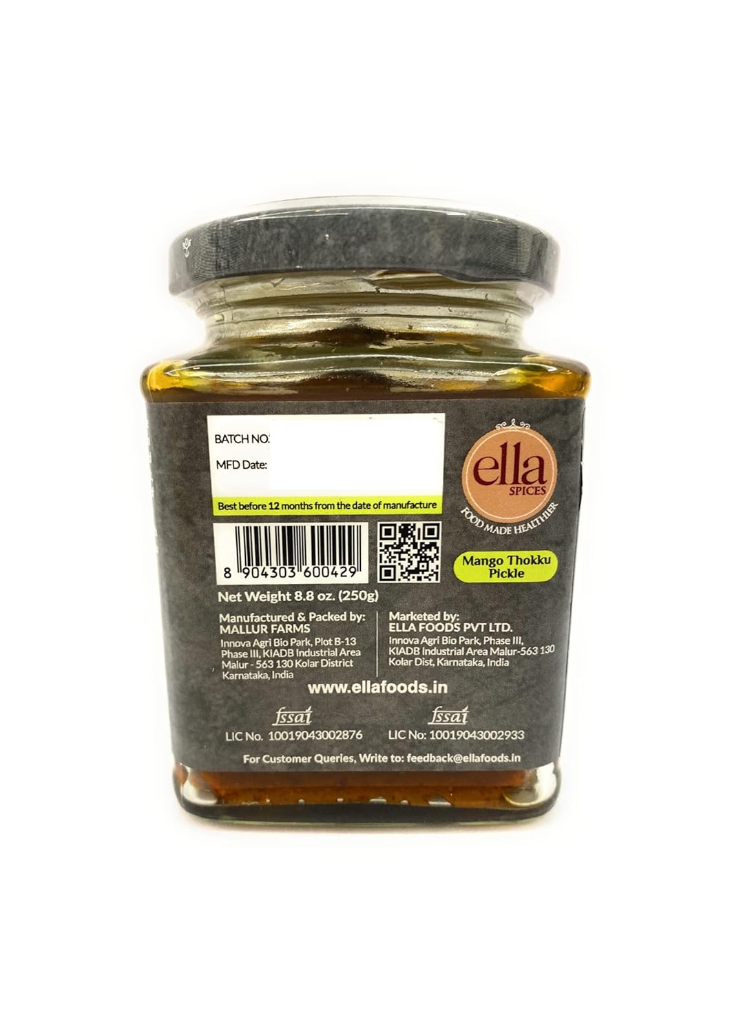 Ella Foods - Mango Thokku Pickle 250gm | Low Sodium | Cold Pressed Ses ...